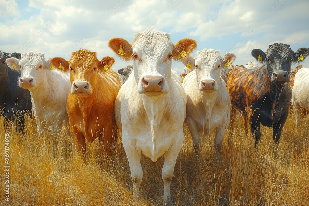 diverse herd of cows various breeds and colors standing together ...