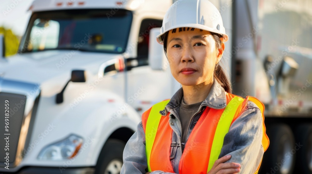 A confident asian female truck driver stands with arms crossed, wearing ...