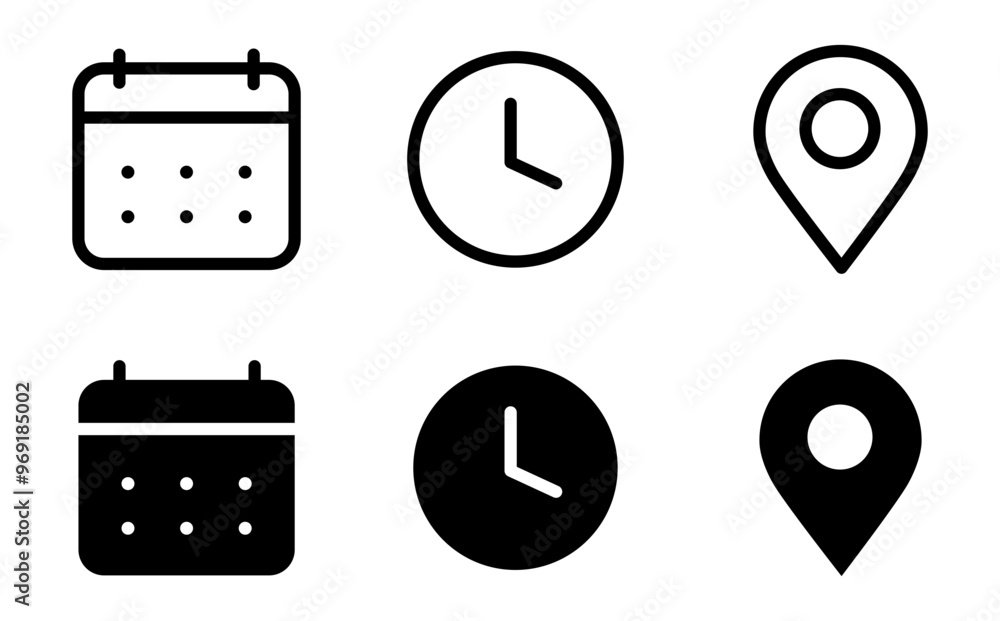 Address time date icons set. Address location icon. Stopwatch timer icon. Date Calendar icon ...