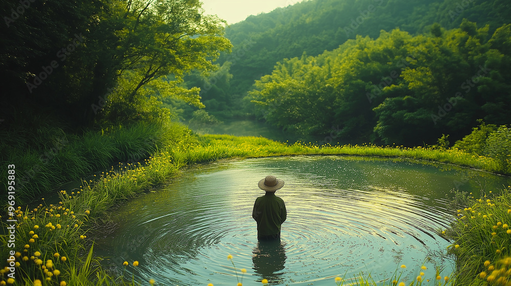 Rice field farmer captured from a high angle, using Kodak UltraMax 400 ...