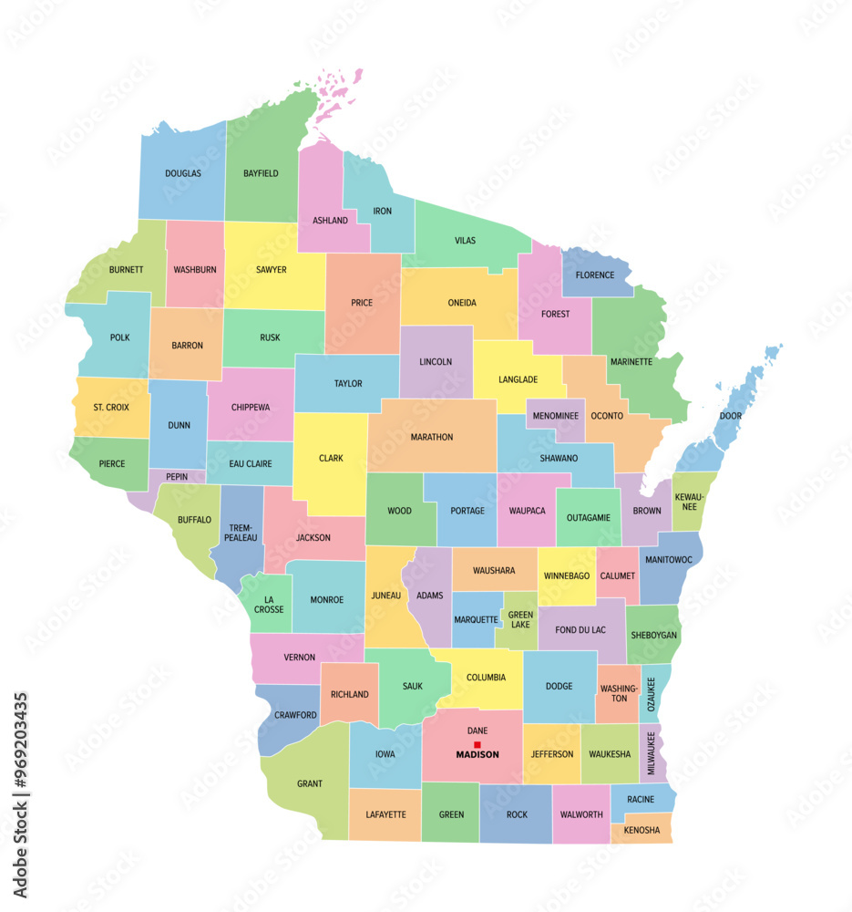 Wisconsin, U.S. state, subdivided into 72 counties, multi colored political map with capital ...