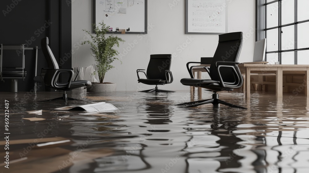 Chairs floating in a flooded office space, depicting the aftermath of ...