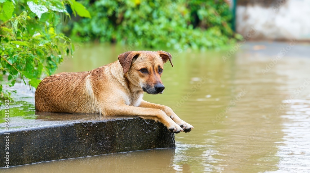 sad dog stranded on a flooded road, symbolizing the impact of natural ...