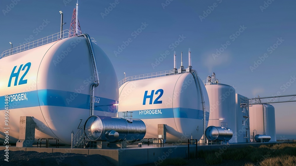 Detailed 3D model of large hydrogen storage tanks prominently labeled ...