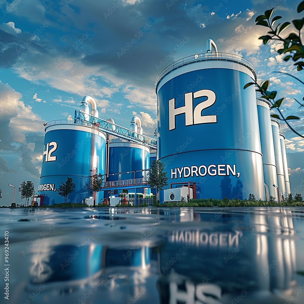 Detailed 3D model of large hydrogen storage tanks prominently labeled ...