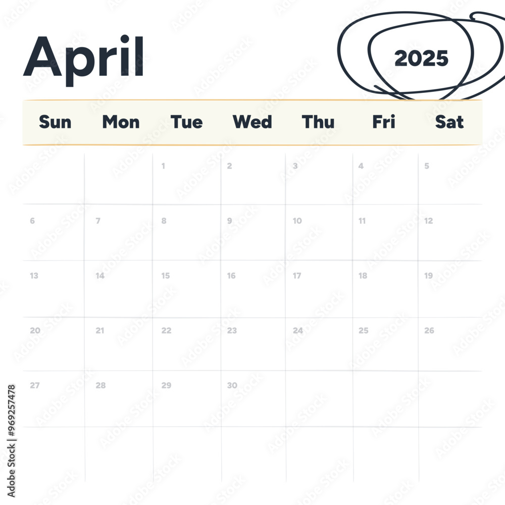 April 2025 Calendar Highlighted Year Stock Vector | Adobe Stock
