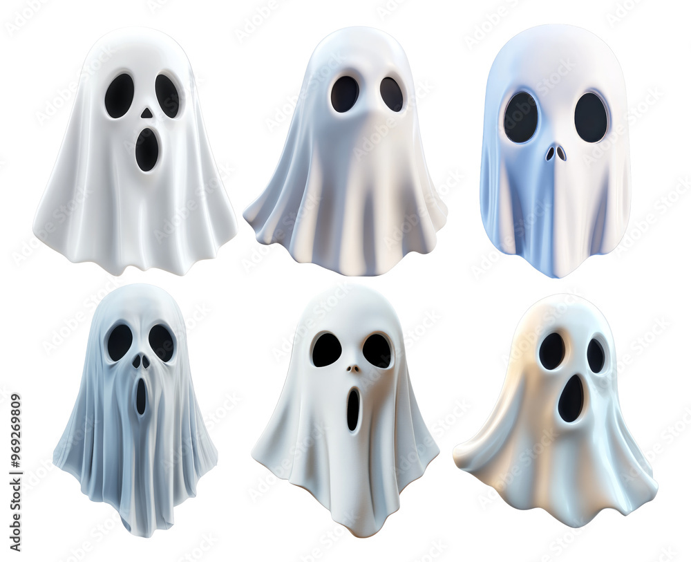 Spooky cartoon ghost faces on transparent background for halloween ...