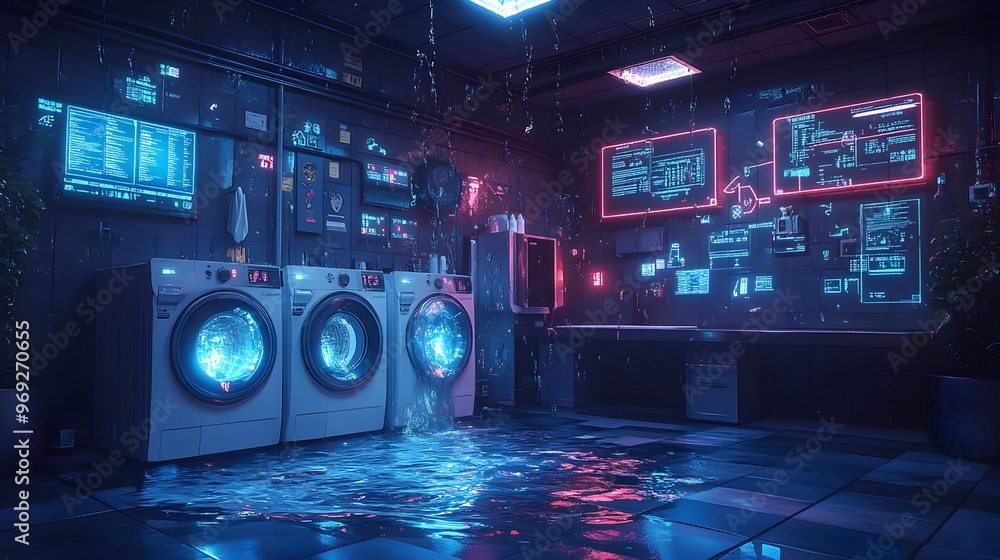 A futuristic laundry room flooding with holographic water splashes ...