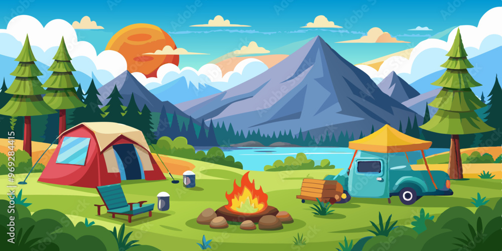 Cartoon camping. Summer nature scene with trailer tent and bonfire ...
