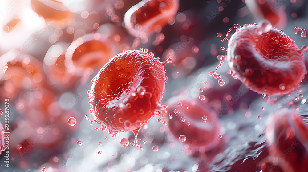 Close up by microscope of Red blood cells flowing in vessel ...