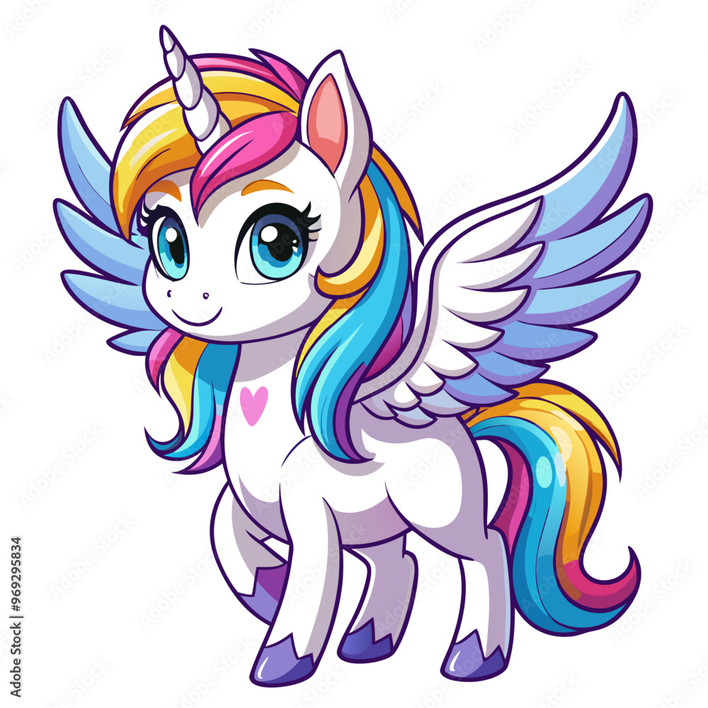a cartoon illustration of a cute, small unicorn with wings, often ...