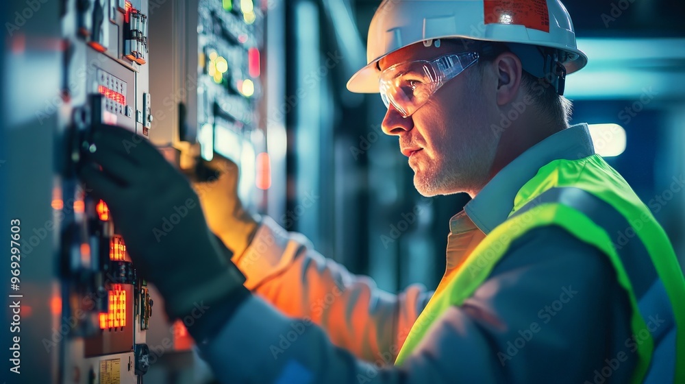 A maintenance engineer examines the relay protection system on medium ...