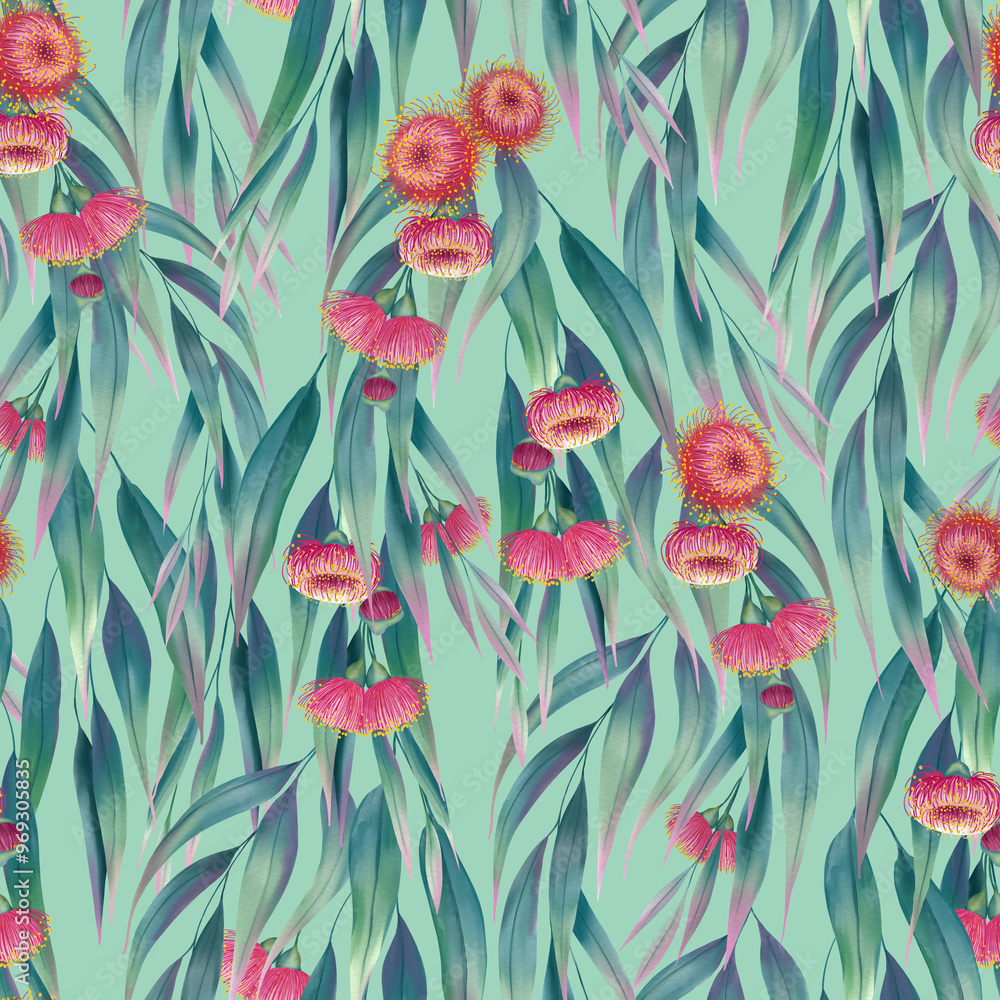 Eucalyptus branches with flowers watercolor seamless pattern. Hand ...