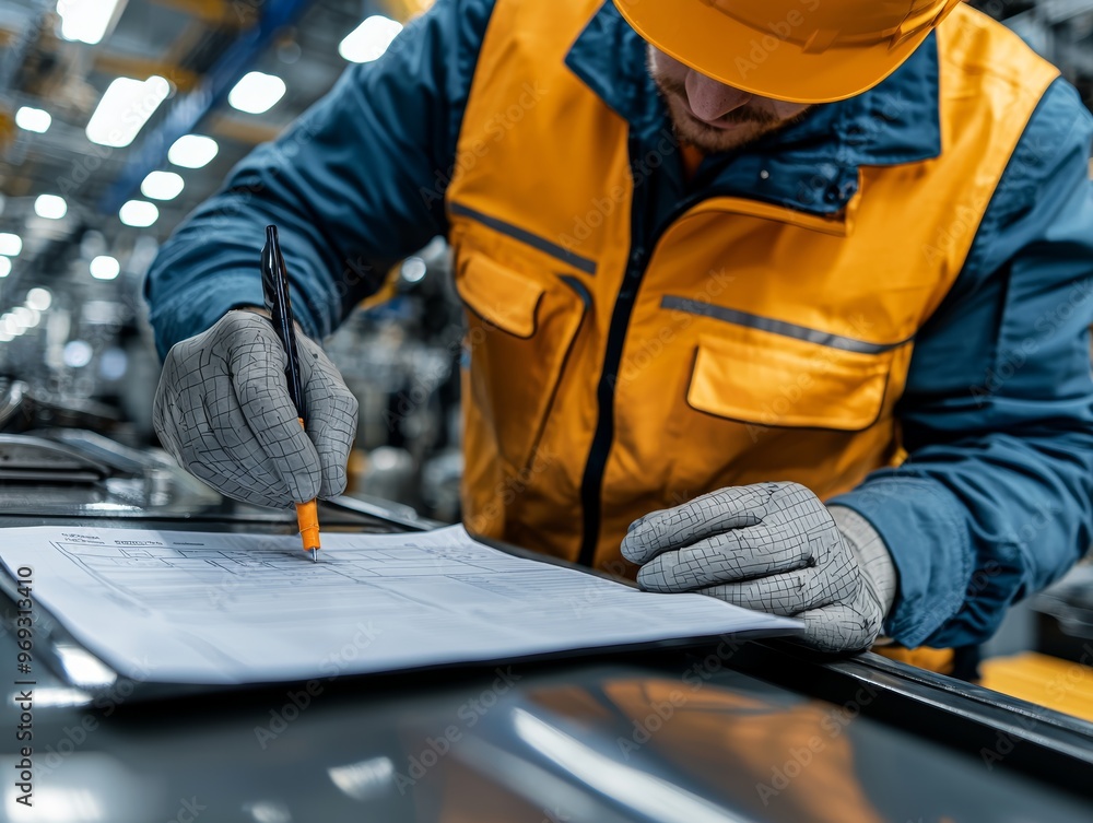 Engineer holding a checklist and marking products on an assembly line ...