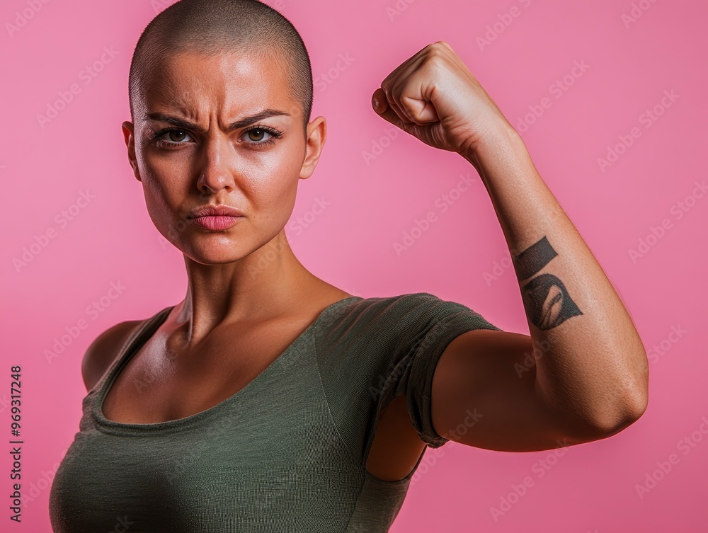 Short trimmed pretty woman showing biceps and hand clenched into a fist ...