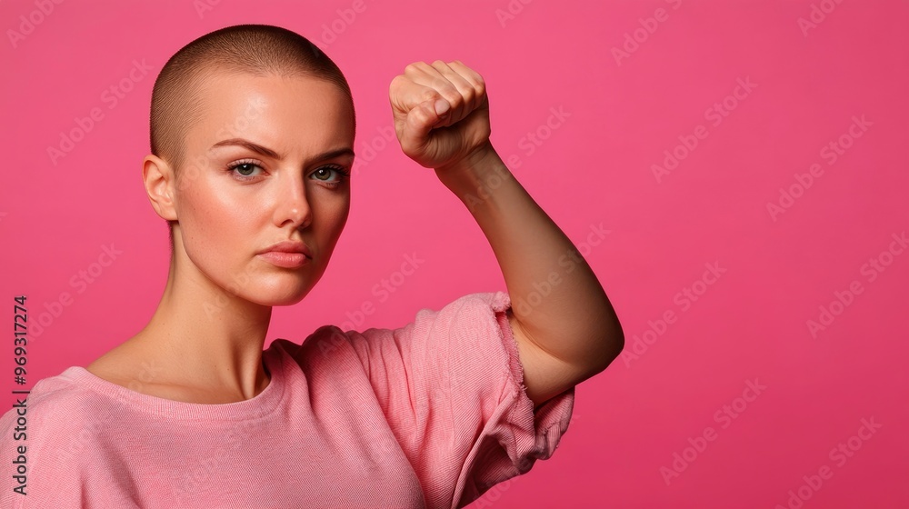 Short trimmed pretty woman showing biceps and hand clenched into a fist ...