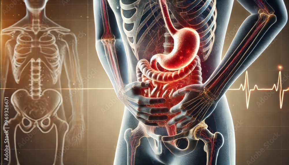 An anatomical illustration depicting human digestive system and ...