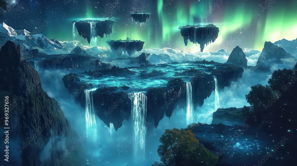 aurora borealis dancing over bioluminescent floating islands ...