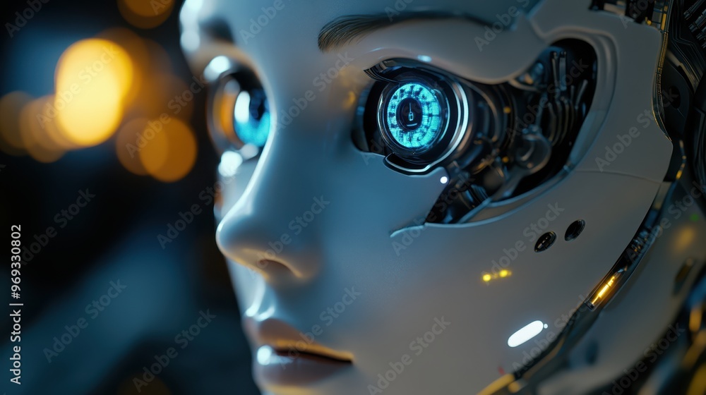 Robot's face close-up, displaying emotional responses through advanced interactive technology ...