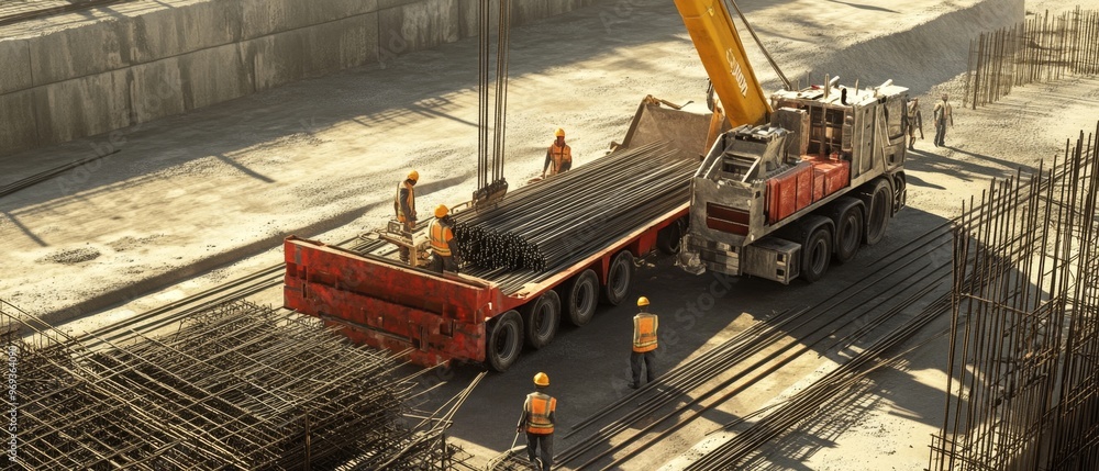 Detailed 3D scene of rebar being unloaded by a crane at a construction ...