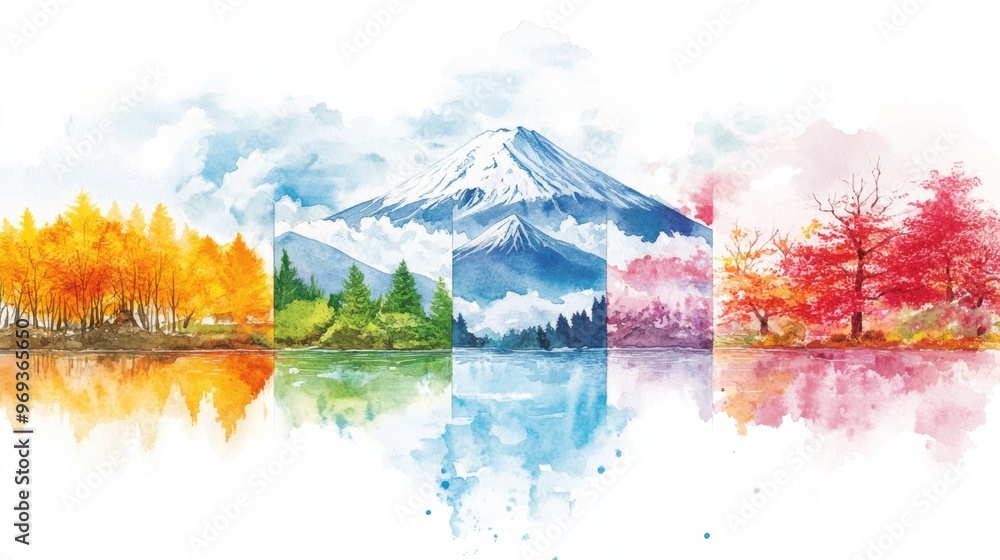 Transparent watercolor illustration divided into four sections by three ...