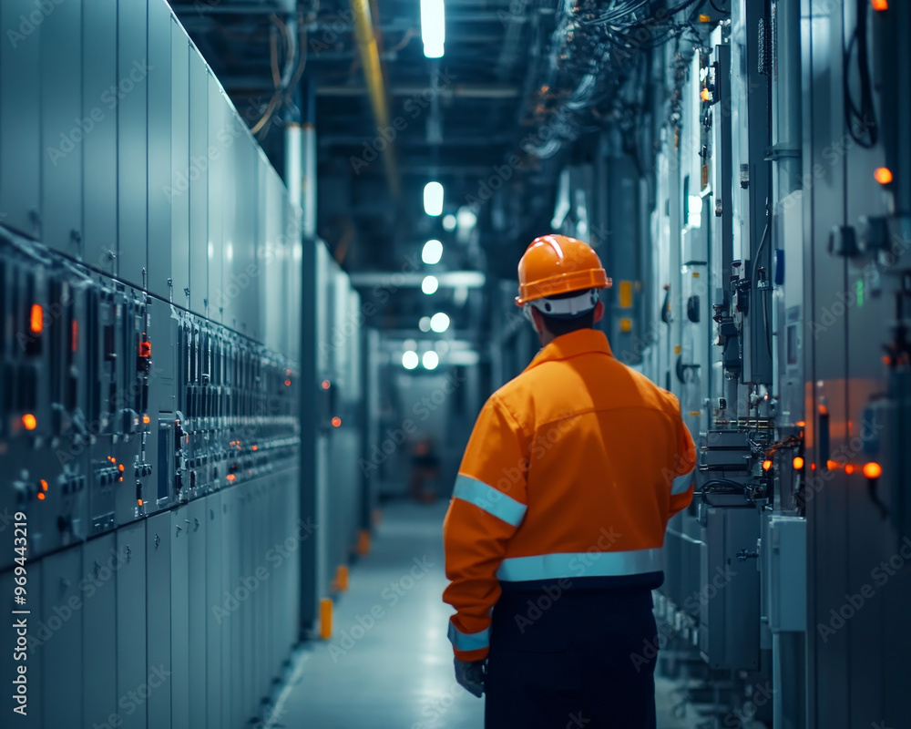 Electrical engineer working in power substation, surrounded by ...