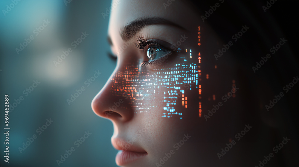 Foto Humans face with digital binary digits and light beams overlays showing their identity ...