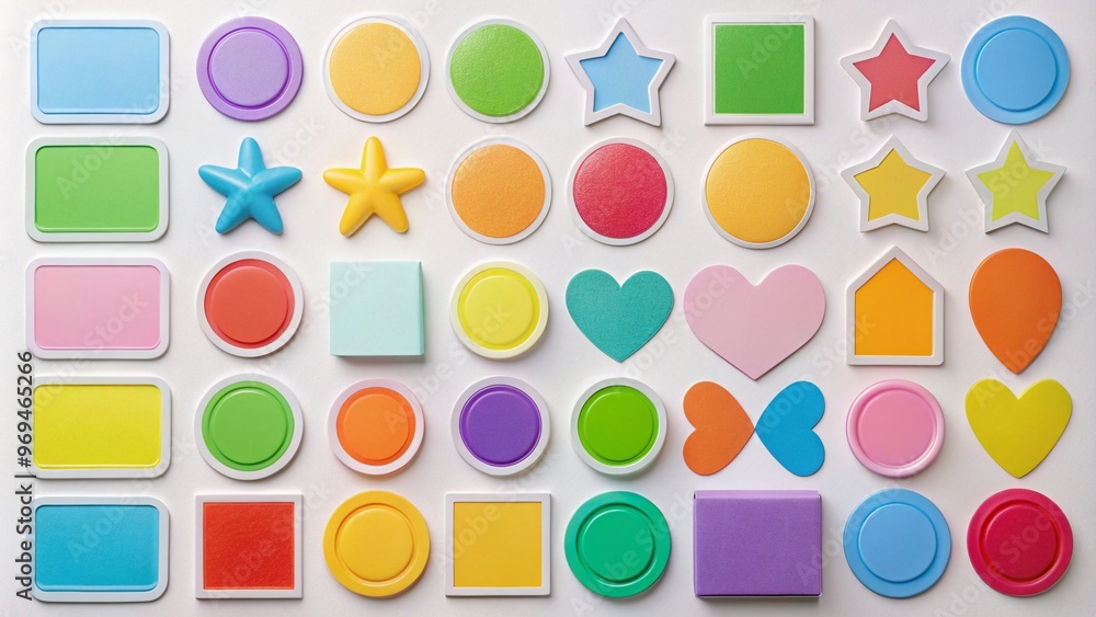 Colorful blank sticker sheet with various shapes and sizes on a white ...