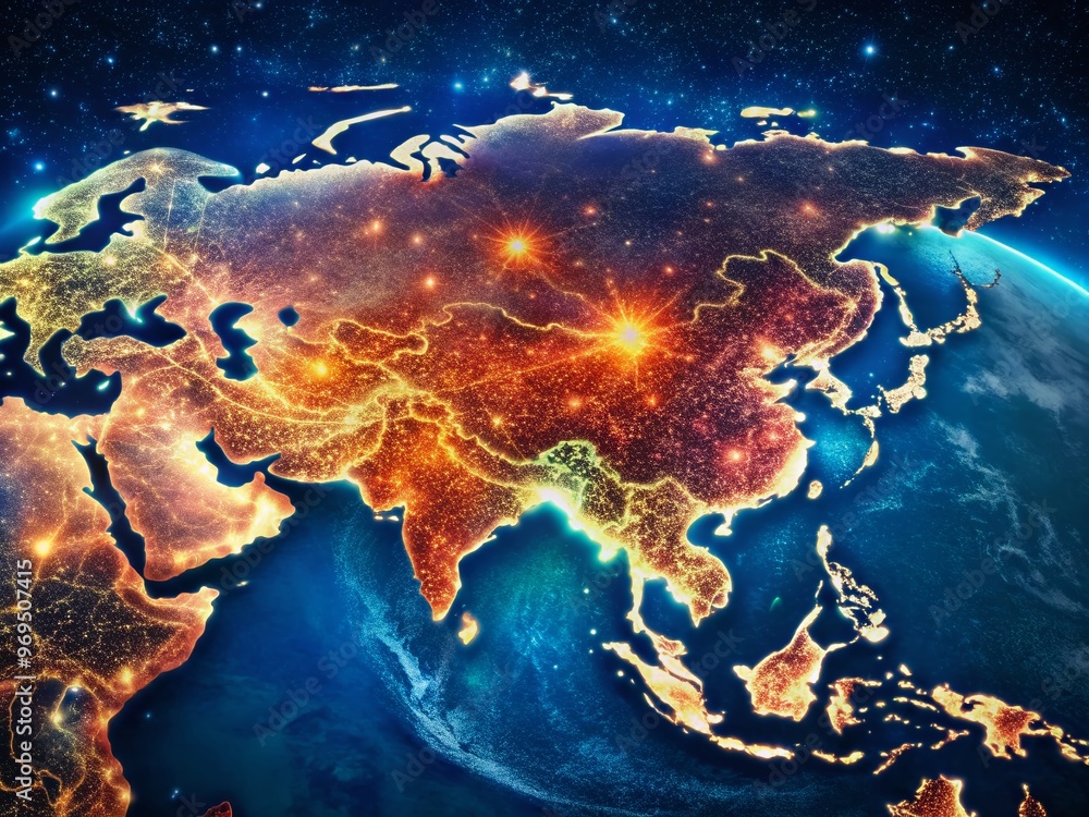 Vibrant digital world map highlighting Asia in warm colors, with ...