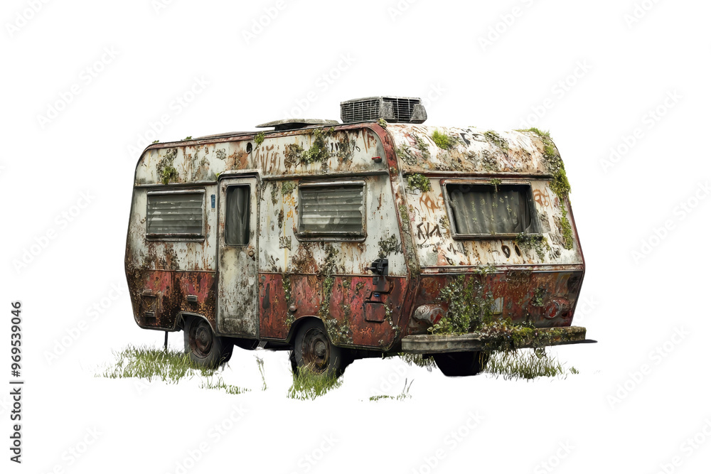 Abandoned rusty old trailer with overgrown vegetation, illustrating ...