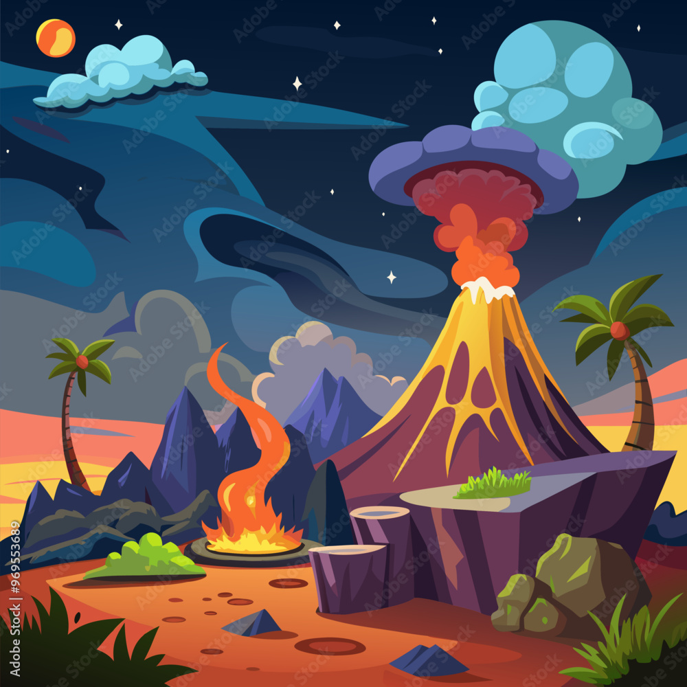 Volcano erupt with glow lava and smoke at night. Cartoon vector ...