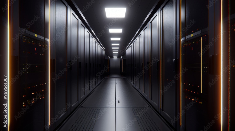 Modern data center with illuminated server racks in a neat row. High ...