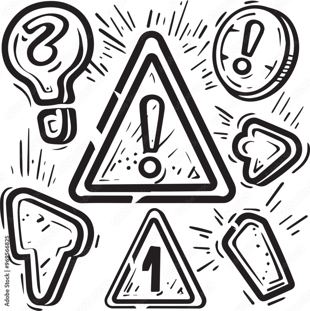 Hand drawn doodle warning signs pack with exclamation mark question ...