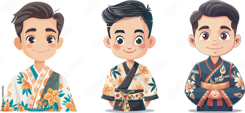 Three cute anime boys wearing traditional japanese clothes kimono ...