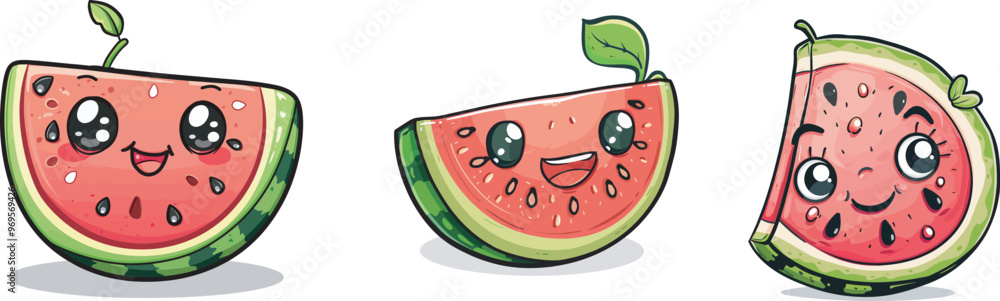 Cute Kawaii Watermelon Slice Characters Smiling Winking Happy Summer ...