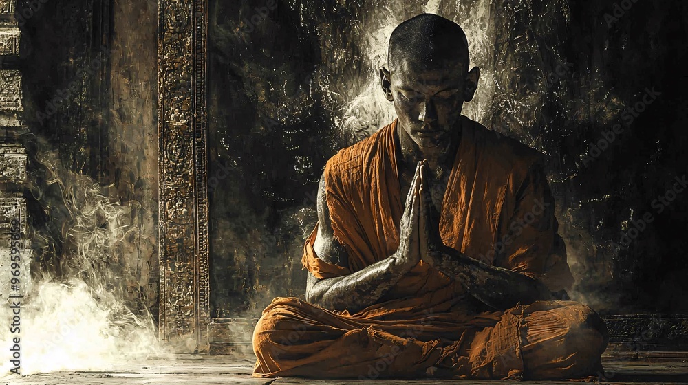 Pret ghost towering over a Buddhist monk in deep meditation, a haunting ...