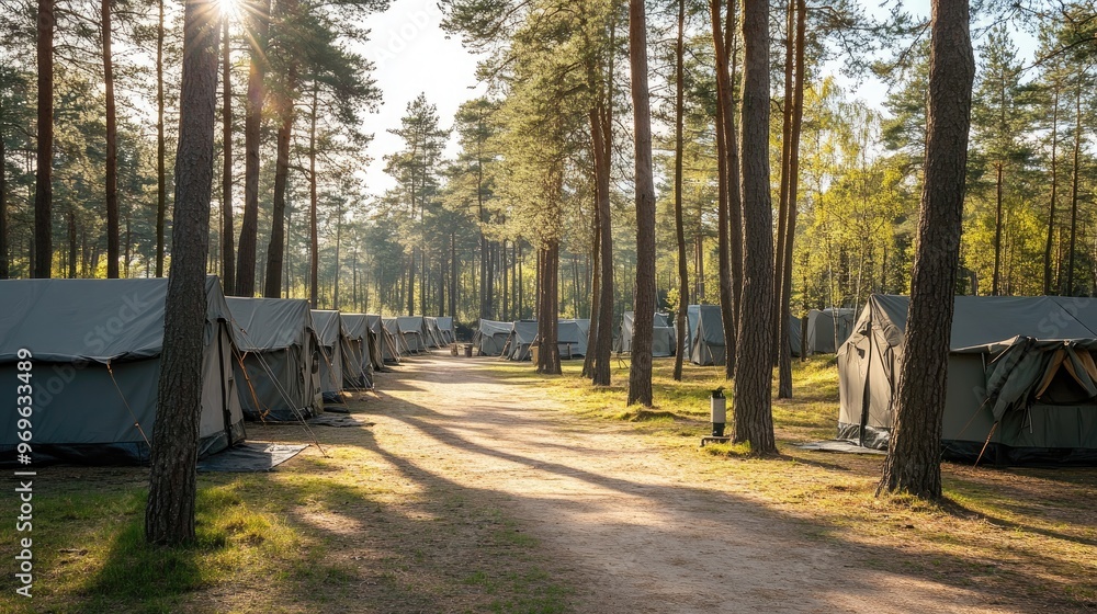 Peaceful military camp with gray tents scattered among tall pine trees ...