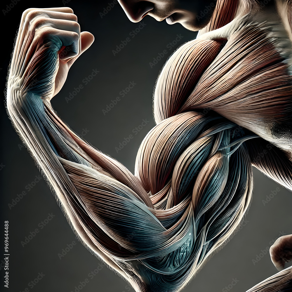 Contraction of biceps muscle during a curl exercise. muscle fibers ...