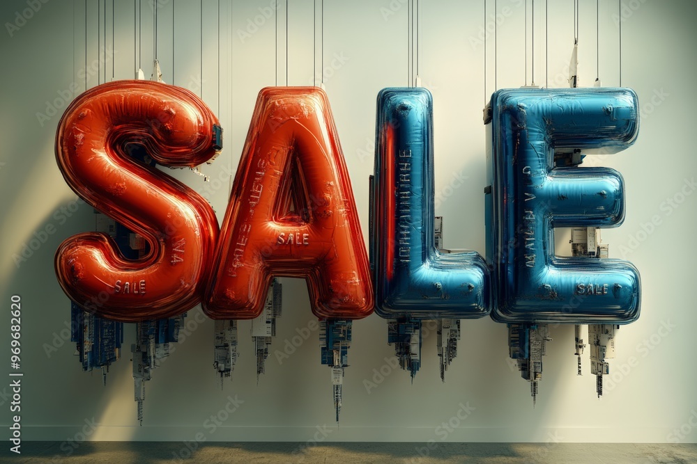 Large blue "SALE" sign with light bulbs in a studio setup, illuminated ...