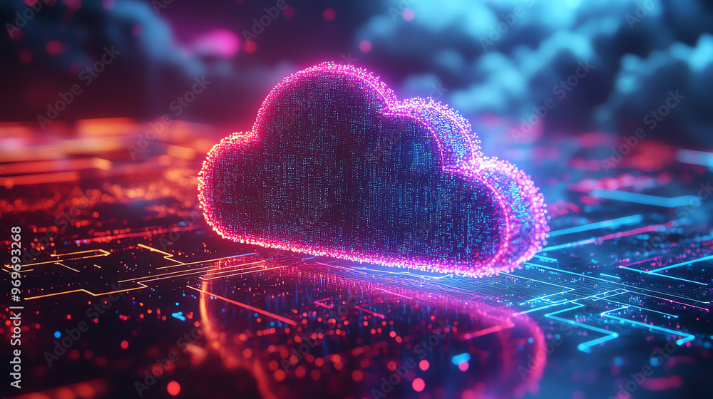 Cloud network diagram with retro 80s technology, neon grids and glowing ...