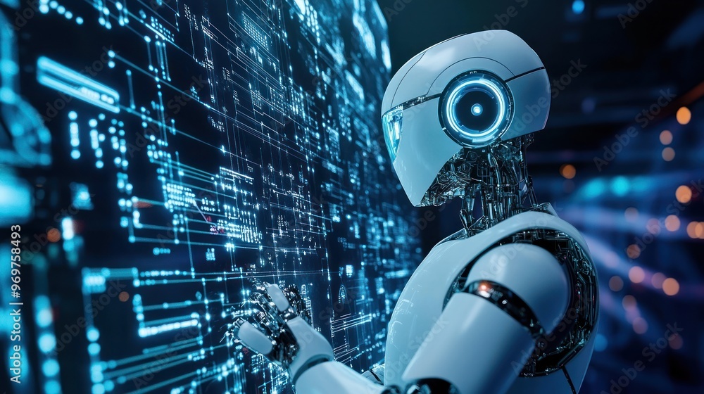 Design of a smart humanoid robot with artificial intelligence touching a hologram digital ...