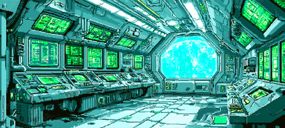 8-bit pixel art of a sci-fi interior of a spaceship, with numerous ...