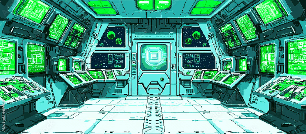 8-bit pixel art of a sci-fi interior of a spaceship, with numerous ...