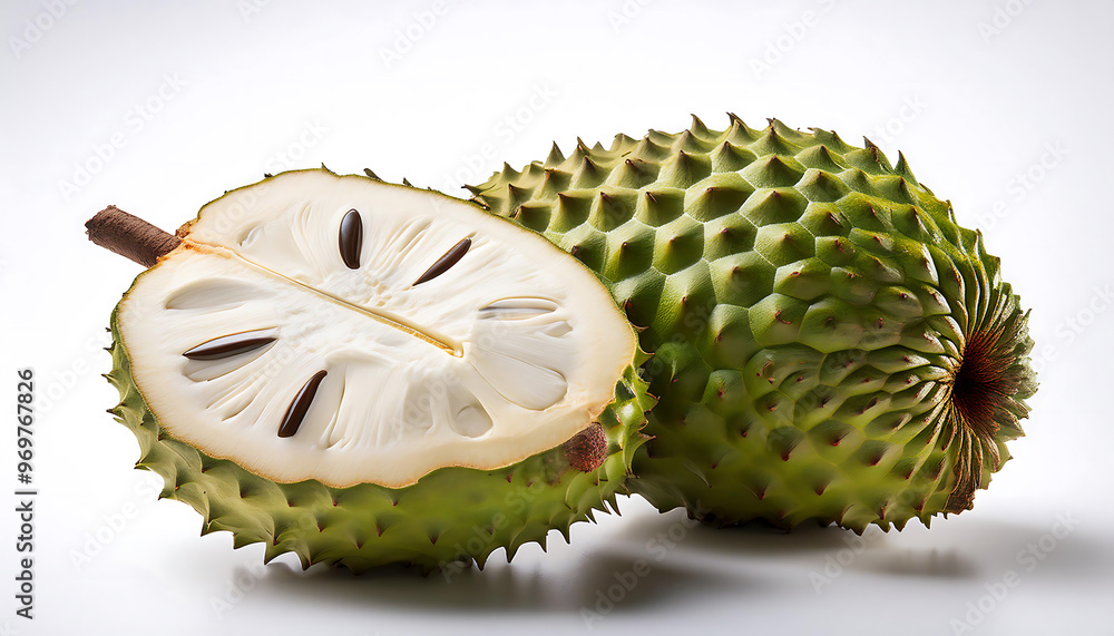 Whole and cut-open soursop fruit isolated on a clean white background ...