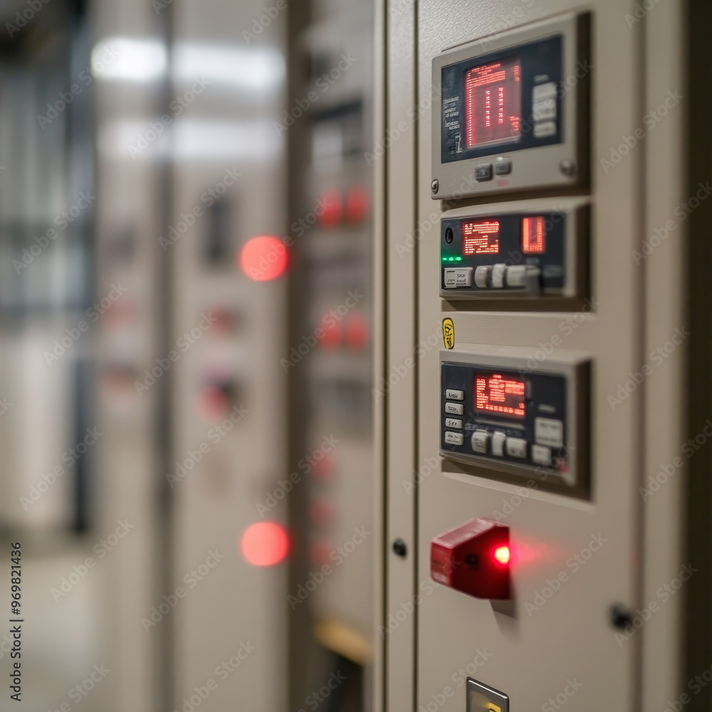 fire alarm control panel is in test mode, indicated by blinking lights ...