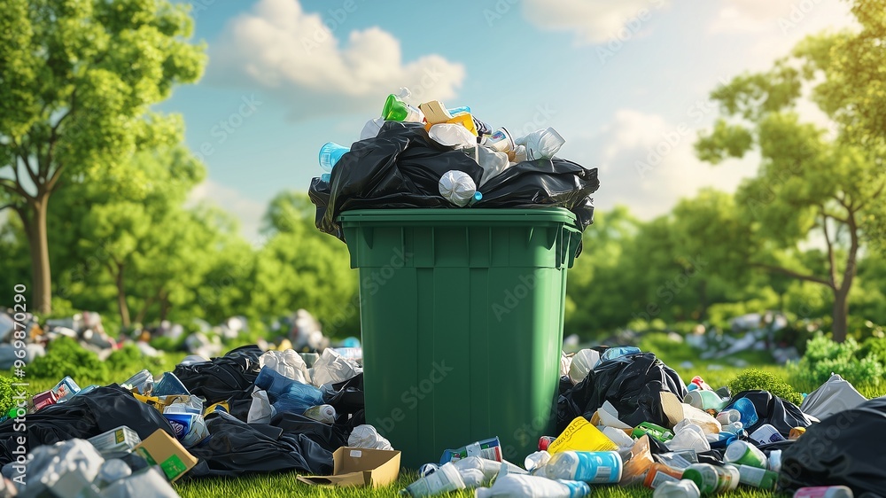 Full garbage bin and black plastic trash bags around. Overflowing ...