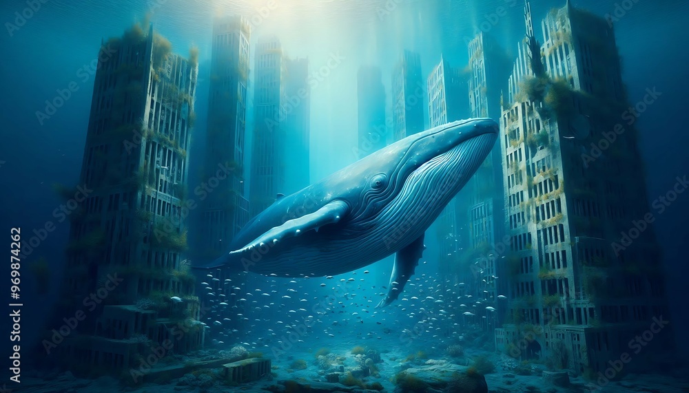 Giant whale swimming through underwater ruins of city skyscrapers, post ...