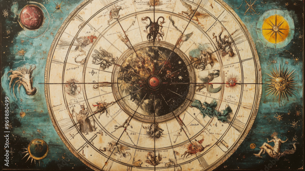Depict a detailed astrological chart or wheel featuring all twelve ...