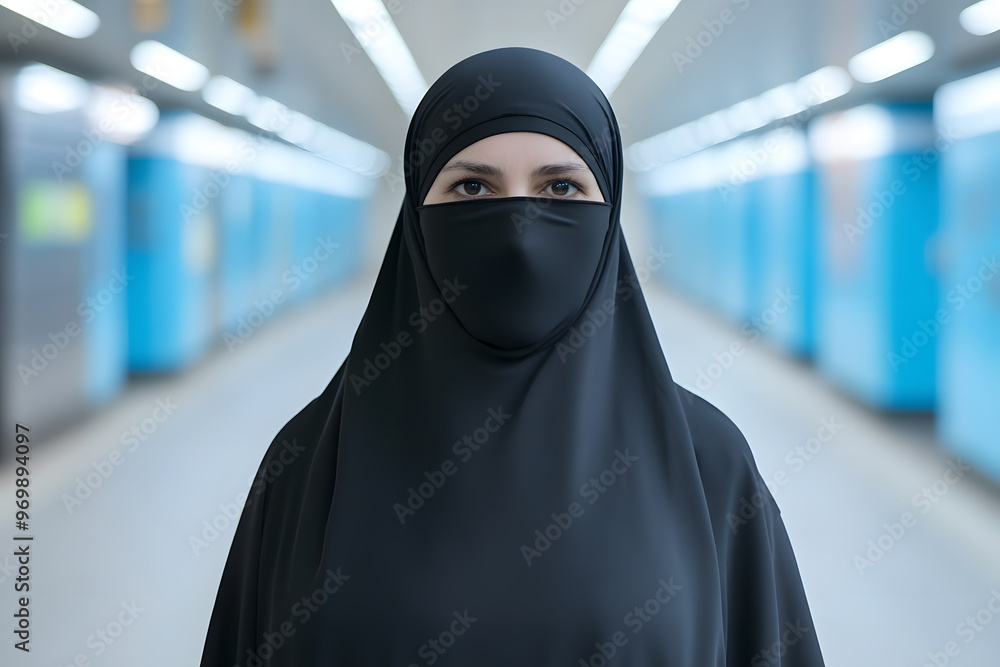 Conservative Muslim Woman in Niqab Traveling Through Metro, Public ...