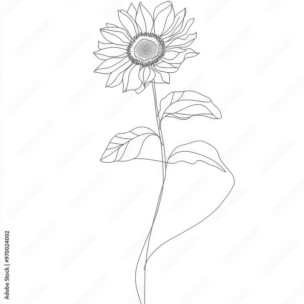 Drawing of a sunflower in continuous line art style. Black linear ...